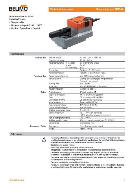 Technical data sheet Rotary actuator SR230A - Belimo