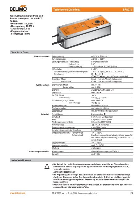 Technisches Datenblatt BFG230 - Belimo