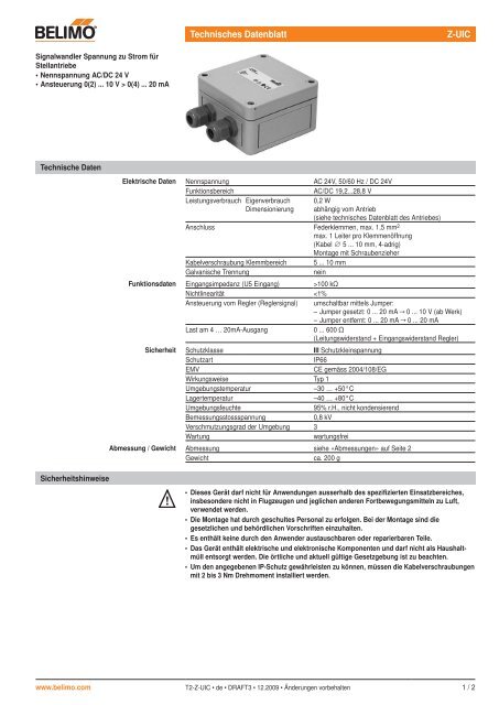 Technisches Datenblatt Z-UIC - Belimo