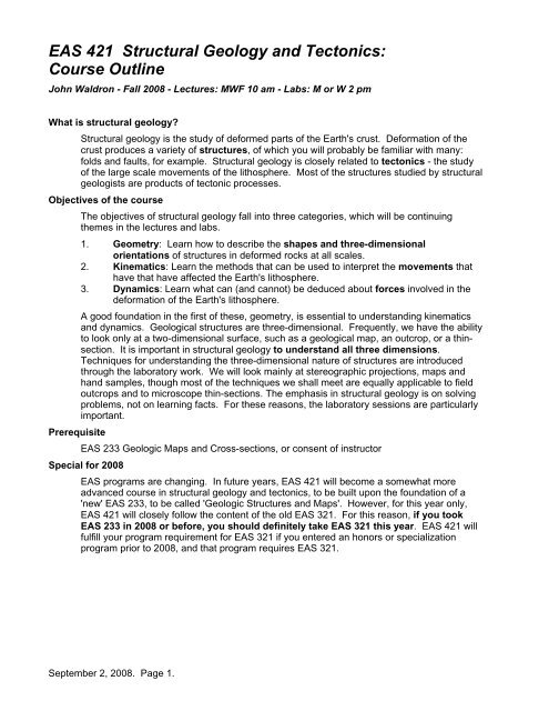 EAS 421 Structural Geology and Tectonics: Course Outline
