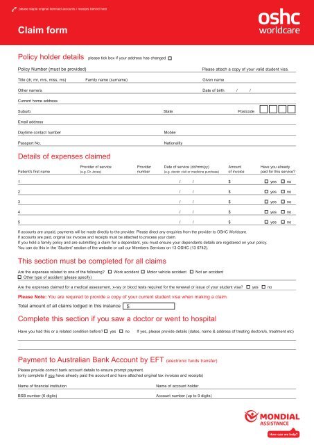 Claim form - OSHC
