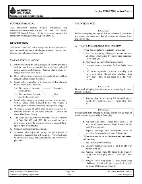 Series 2200/2220 Control Valve - Alberta Oil Tool