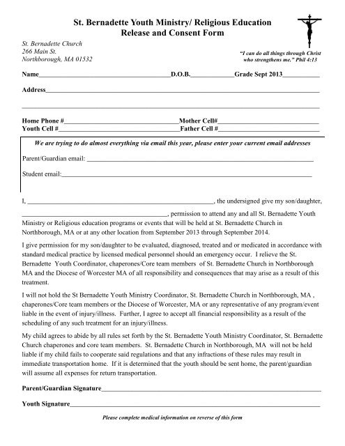 Youth Ministry/Religious Education Consent Form 2013-2014