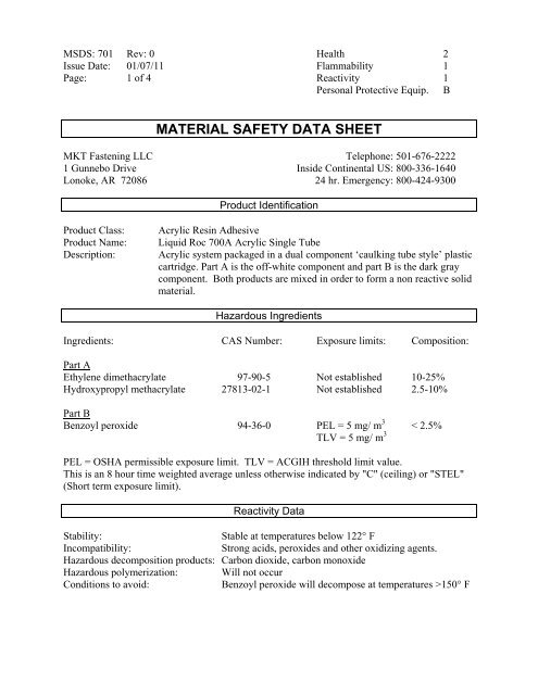 Liquid Roc 700A Acrylic Single Tube - MKT Fastening, LLC.