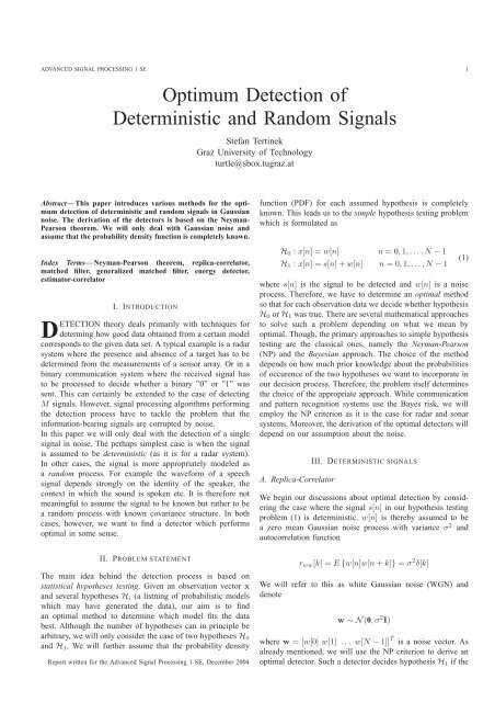 Optimum Detection Of Deterministic And Random Signals Spsc