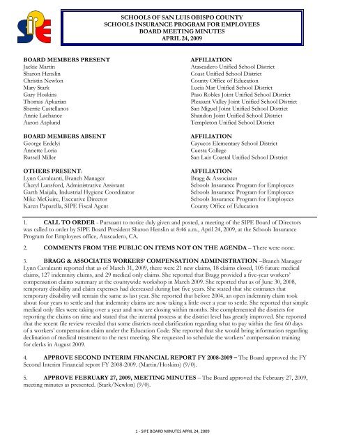 BOARD MEMBERS PRESENT AFFILIATION Jackie Martin ... - sipe