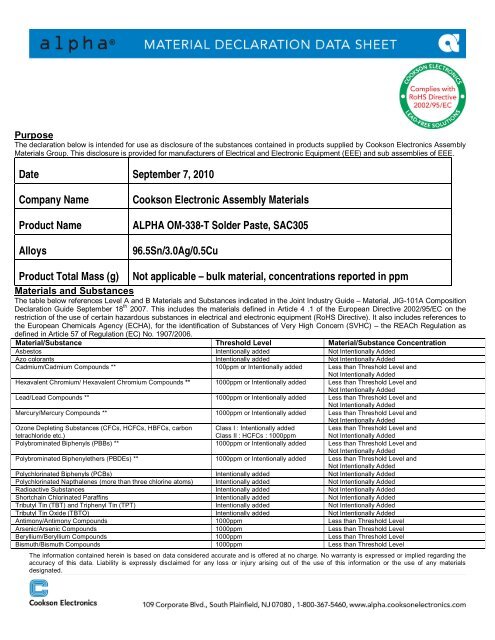 ALPHA OM338T Solder Paste SAC305-GLB-RoHS-SP-138 - Lenz