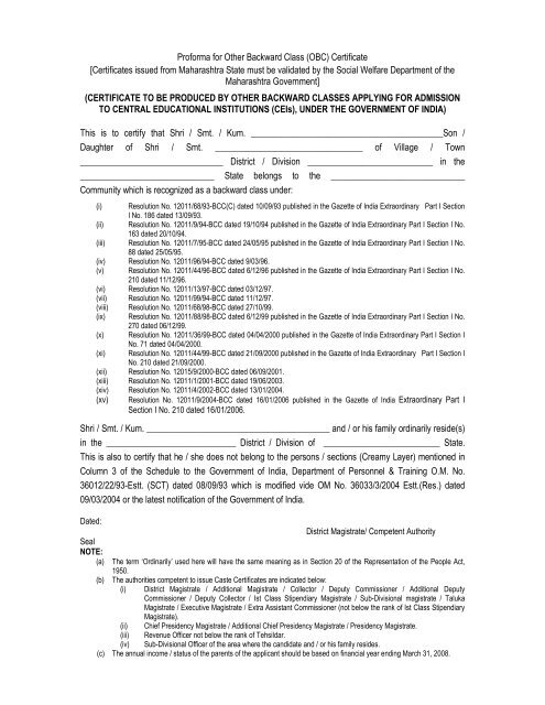 Proforma for Other Backward Class (OBC) Certificate [Certificates ...