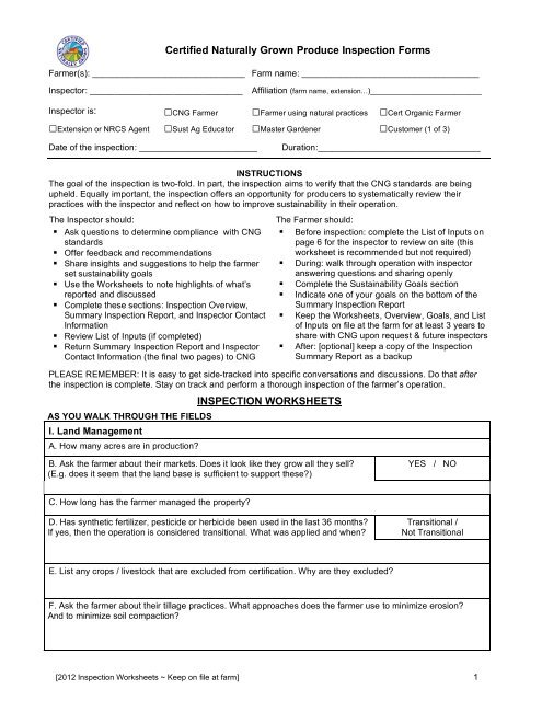 Certified Naturally Grown Produce Inspection Forms INSPECTION ...