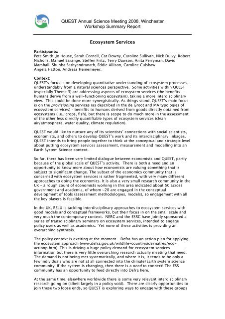 Ecosystem Services/Life System Support Index - QUEST