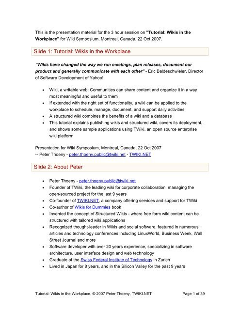 Tutorial: Wikis in the Workplace - TWiki