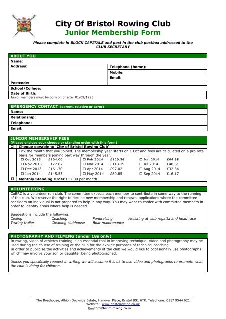Junior club membership form (PDF) - City Of Bristol Rowing Club