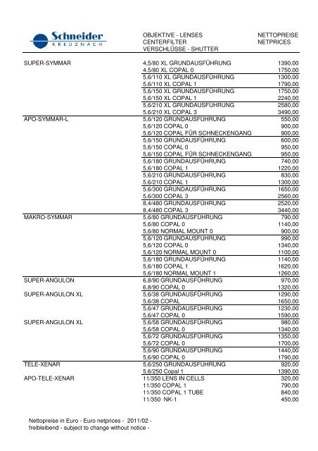 Schneider Objektive - Lotus View Cameras