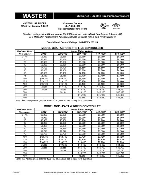 Price Pages for MC - Master Control Systems, Inc.
