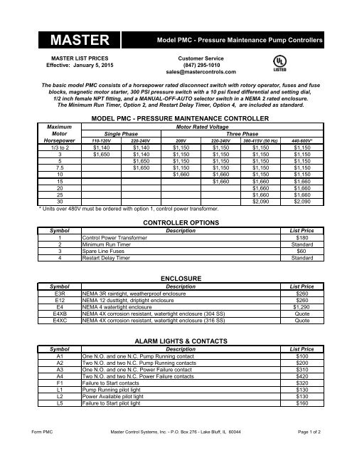 PMC: Pricing and Options List - Master Control Systems, Inc