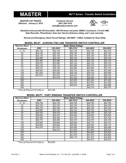 Price Pages for MC*T - Master Control Systems, Inc.