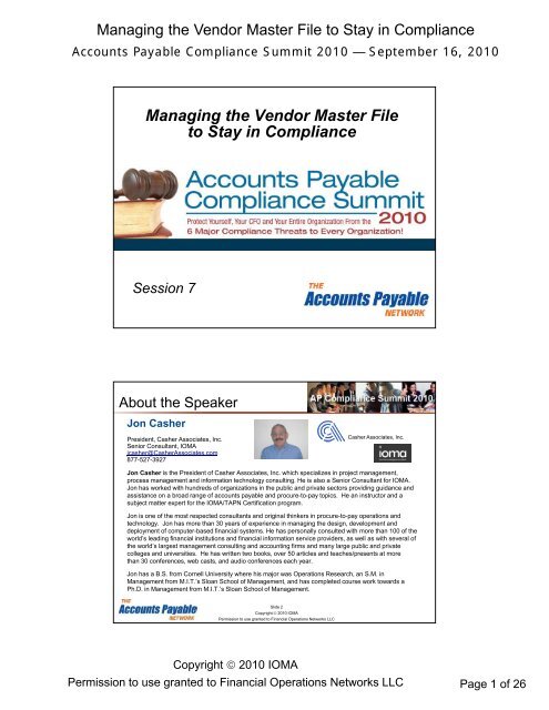 Managing the Vendor Master File to Stay in Compliance Session 7