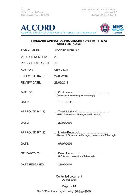 SOP05V2 SOP for statistical analysis plans - Accord - University of ...