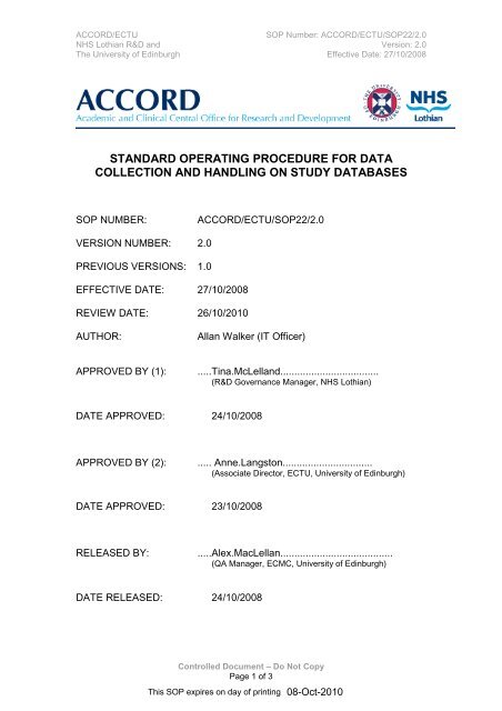 SOP22V2 SOP for data collection and handling on study ... - Accord