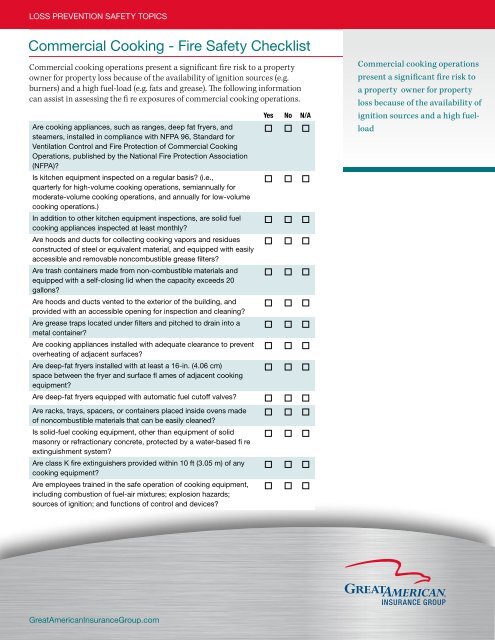 Commercial Cooking - Fire Safety Checklist - Great American ...