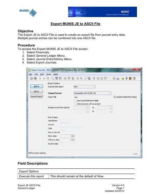 Export MUNIS JE to ASCII File Objective Procedure Field Descriptions