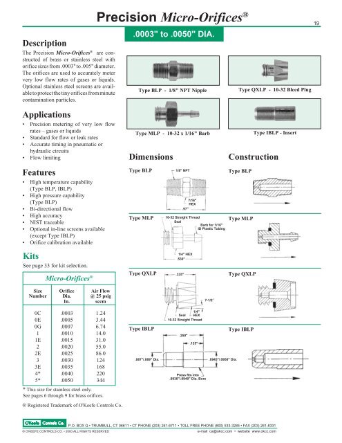 Precision Micro-OrificesÂ® - O'Keefe Controls Inc