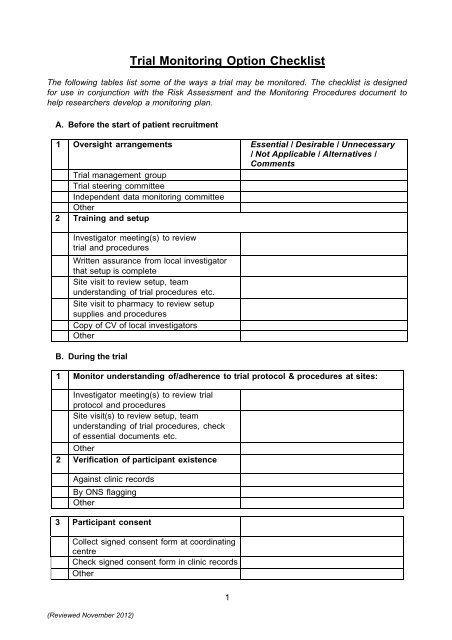 Trial Monitoring Option Checklist - Clinical Trials Toolkit