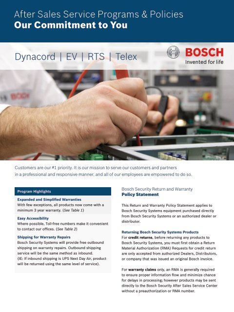 Telex After Sales Service Programs & Policies Our Commitment to You