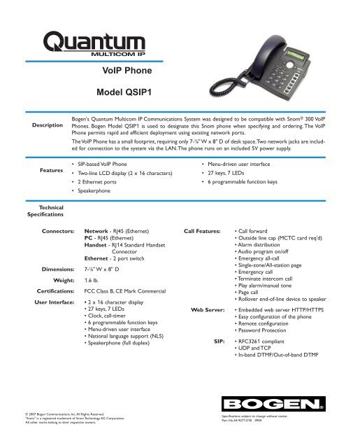 Quantum QSIP1 VoIP Phone Spec Sheet - Bogen Engineered ...