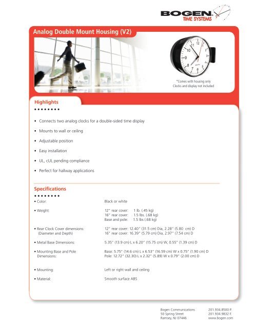 Bogen Clocks Analog Double Mount Housing (V1) Spec Sheet
