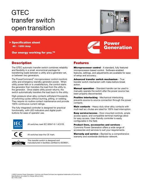 GTEC transfer switch opentransition - Cummins Power Generation