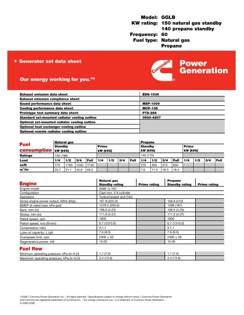 Model: GGLB KW rating - Cummins Power Generation