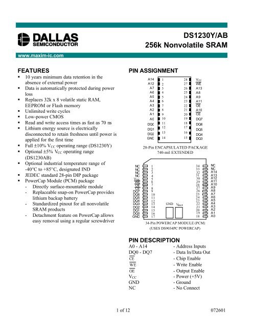 DS1230Y/AB 256k Nonvolatile SRAM