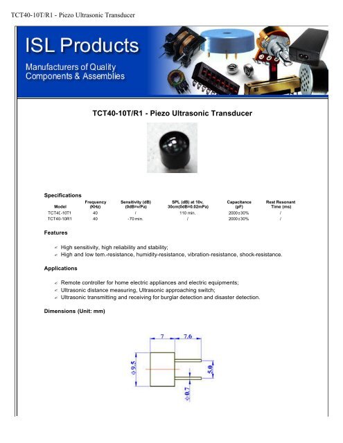 TCT40-10T/R1 - Piezo Ultrasonic Transducer
