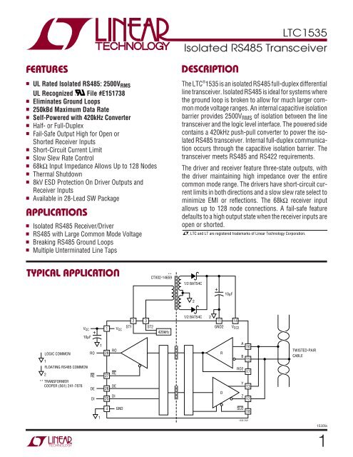 LTC1535 Isolated RS485 Transceiver FEATURES TYPICAL ...