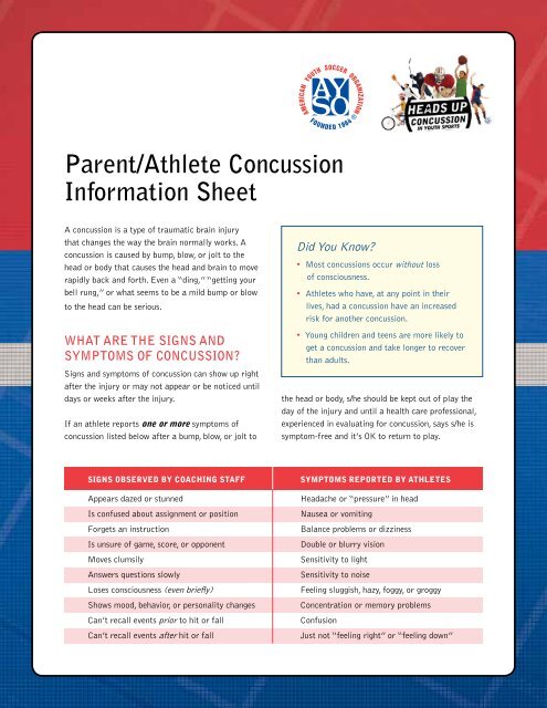 AYSO/CDC Parent/Athlete Concussion Information Sheet