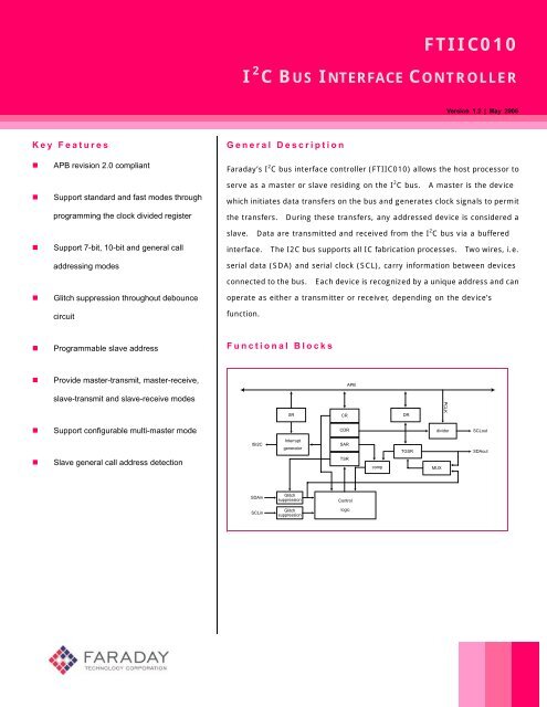 ftiic010 i2c bus interface controller - Faraday Technology Corporation
