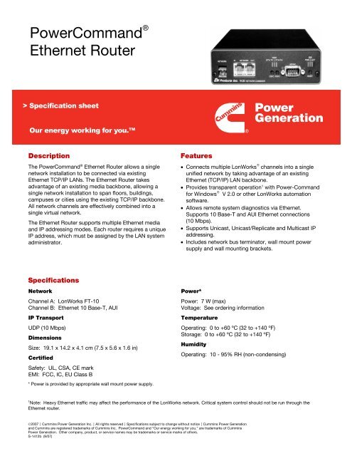 PowerCommand Ethernet Router - Cummins Power Generation
