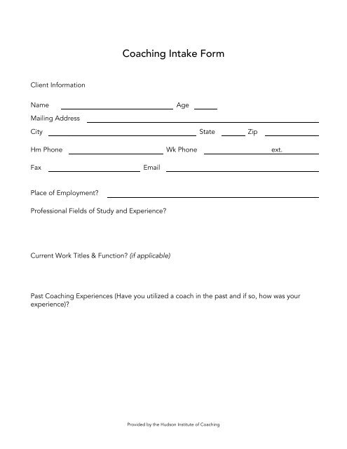 New Client Intake Form Coaching