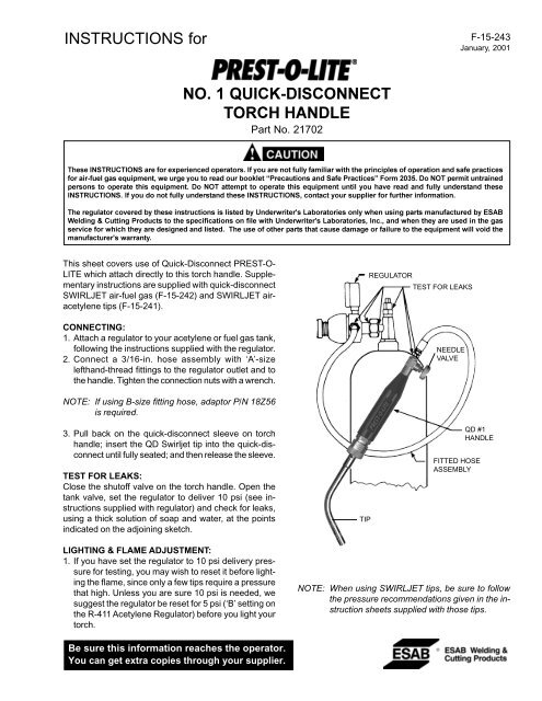 INSTRUCTIONS for NO. 1 QUICK-DISCONNECT TORCH HANDLE