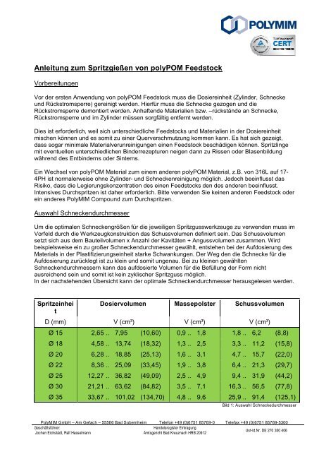 Anleitung zum SpritzgieÃ en von polyPOM Feedstock - PolyMIM GmbH