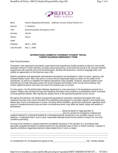 Parent Guardian Emergency Form