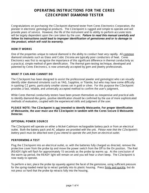 Ceres Czeckpoint Diamond Tester User Manual ... - Star Struck, LLC