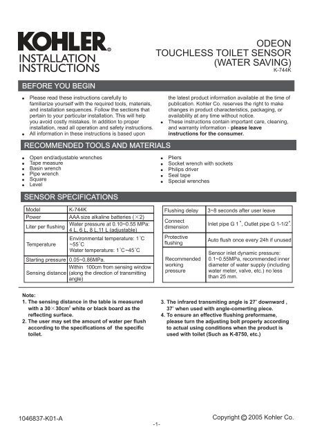 INSTALLATION INSTRUCTIONS - Kohler