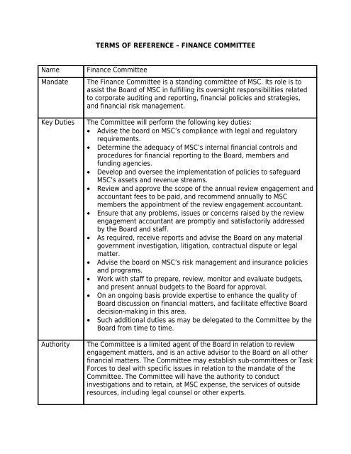 TERMS OF REFERENCE â FINANCE COMMITTEE Name Finance ...