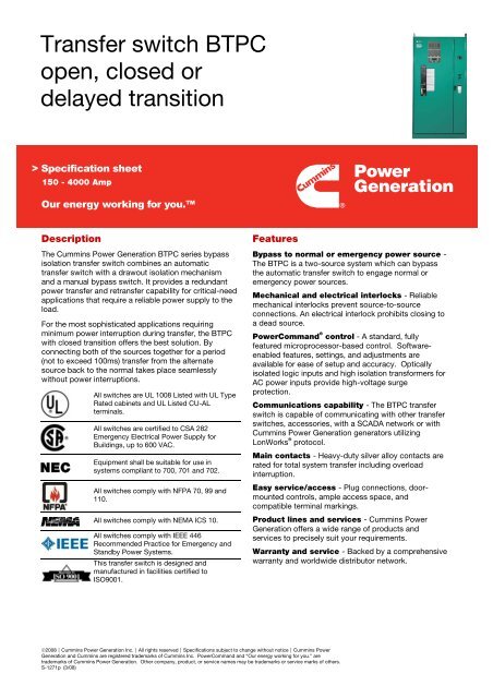 Transfer switch BTPC open, closed or delayed transition - Cummins ...