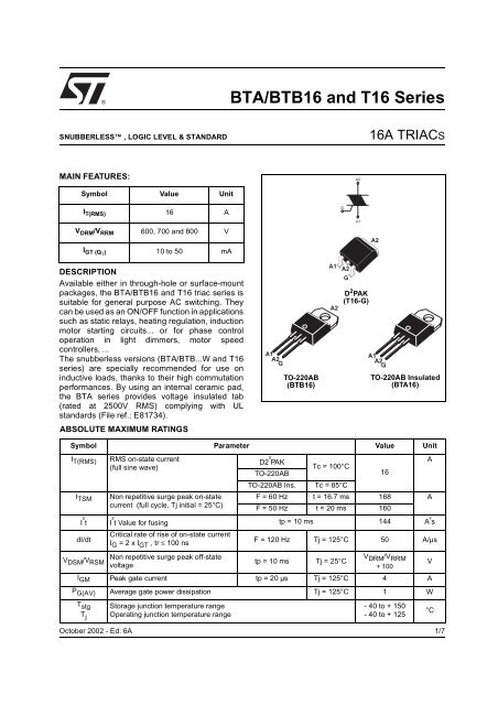 BTA/BTB16 and T16 Series - Datasheet Catalog