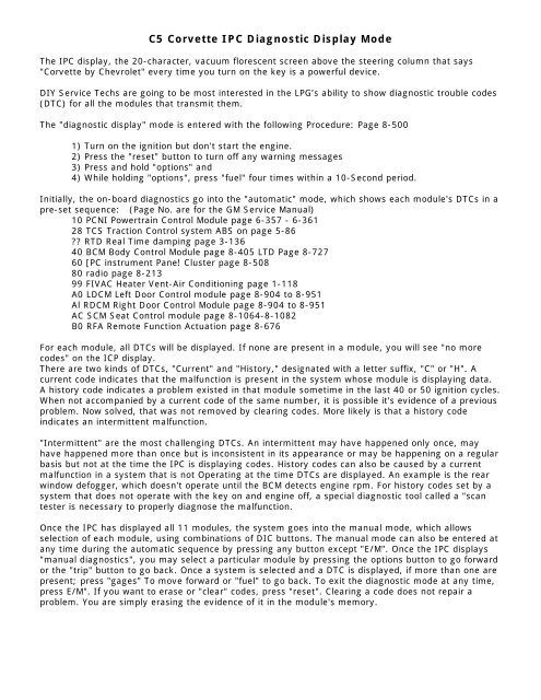 C5 Corvette IPC Diagnostic Display Mode