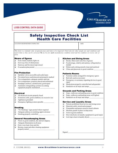 Safety Inspection Check List Health Care Facilities - Great American ...