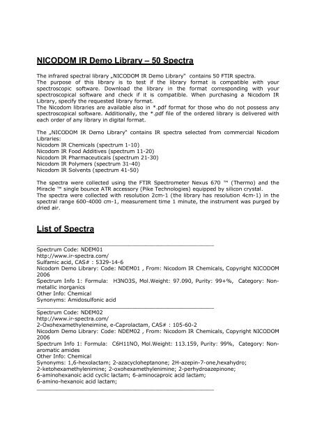 NICODOM IR Demo Library List of Spectra - FTIR Spectra. Infrared ...